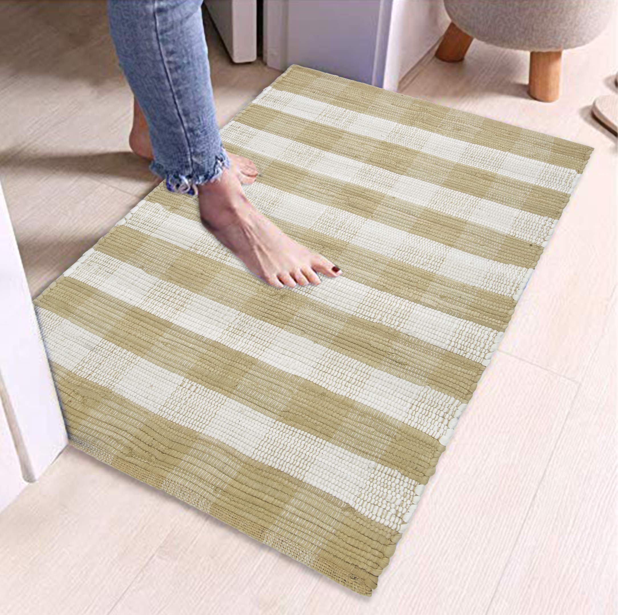 GLAMBURG Cotton Buffalo Check Plaid Rugs Washable, Handwoven Checkered Rug Welcome Door Mat 18x30 Rug for Kitchen Bathroom Outdoor Porch Laundry Living Room, Farmhouse Reversible Rag Rug Beige Natural