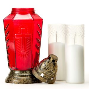 taultic lights cemetery memorial candle | heat resistant plastic top and base | remembrance decorations for grave | red glass lantern eternal candle holder for loss of loved one | outdoor and indoor