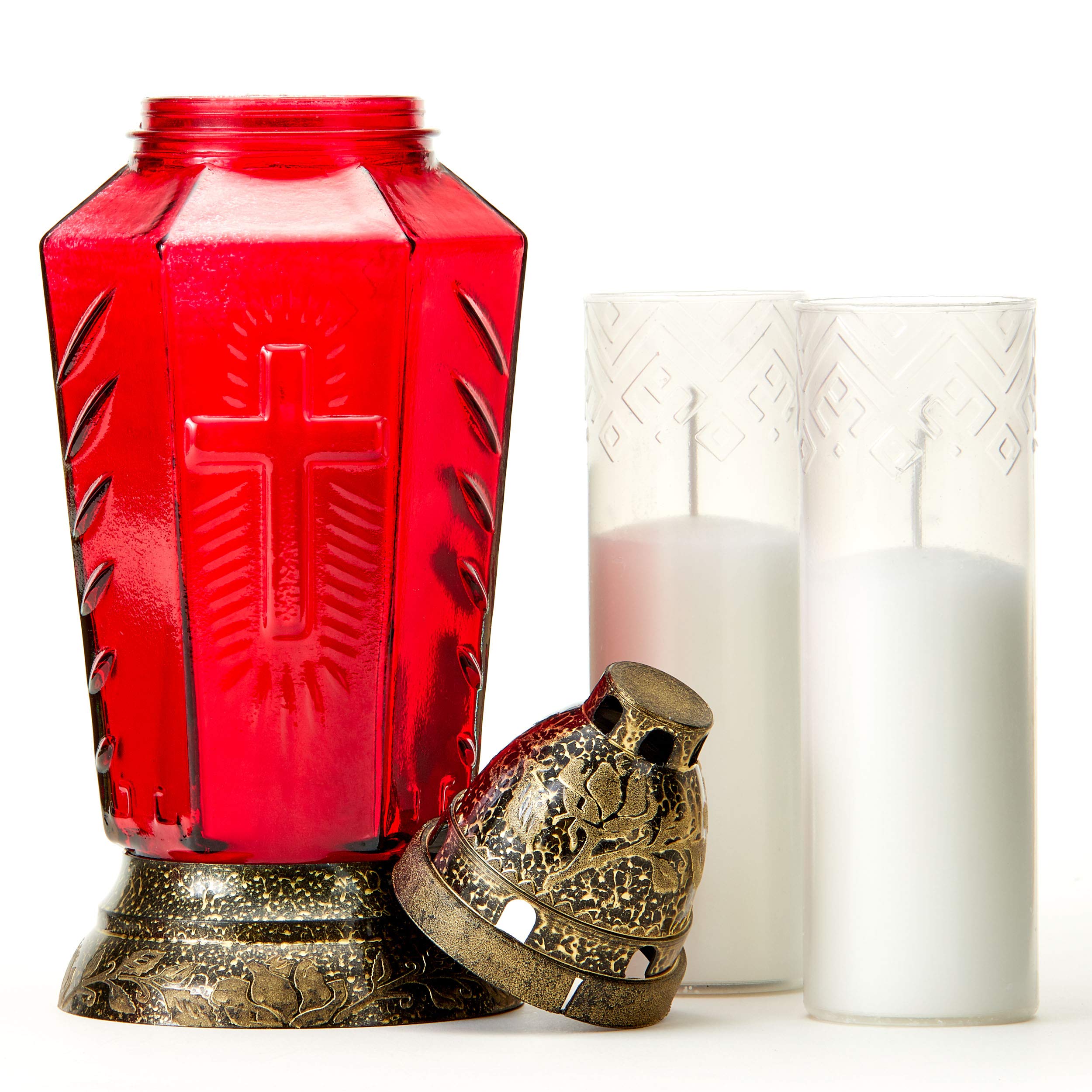 Taultic Lights Cemetery Memorial Candle | Heat Resistant Plastic Top and Base | Remembrance Decorations for Grave | Red Glass Lantern Eternal Candle Holder for Loss of Loved One | Outdoor and Indoor