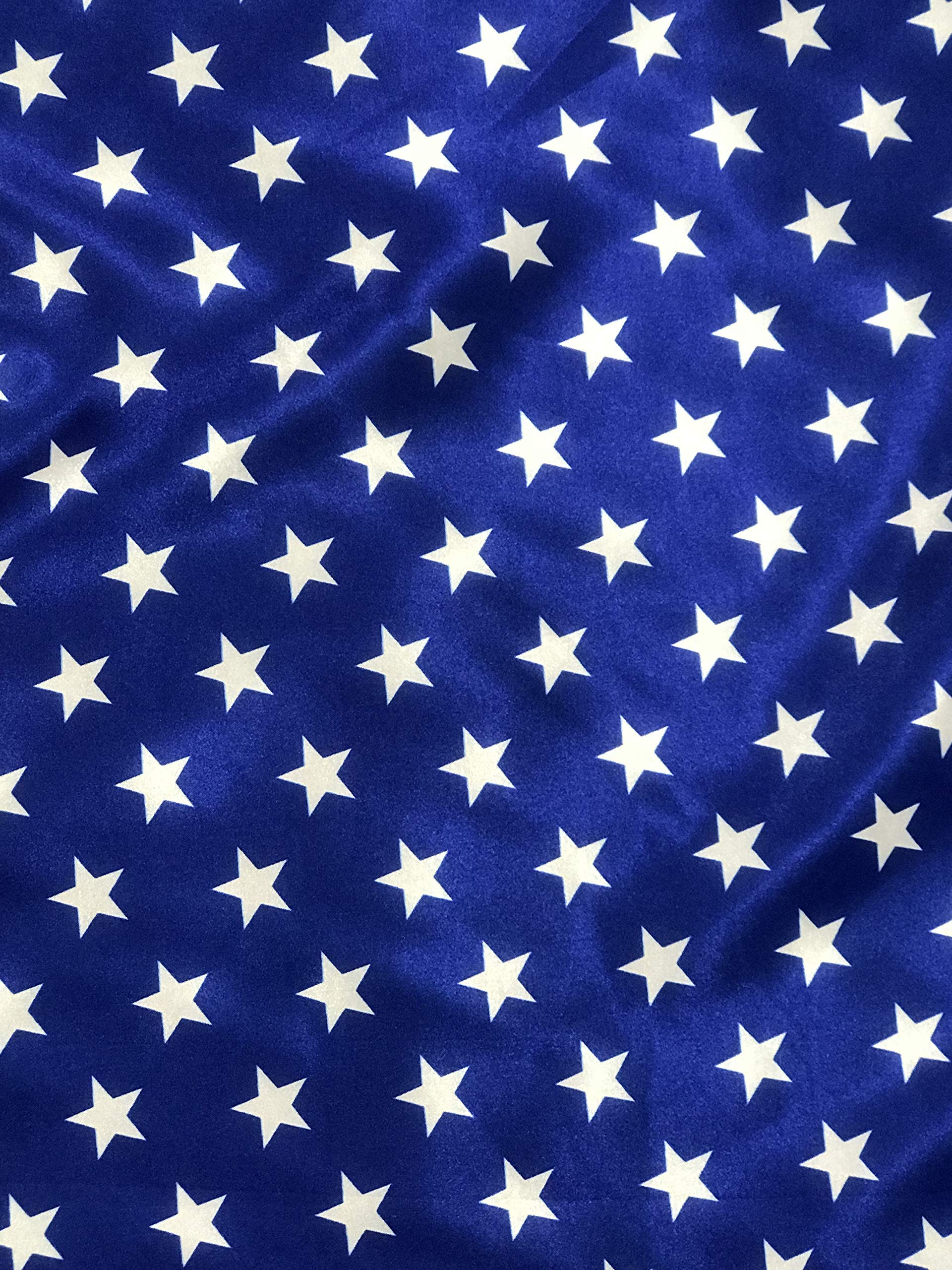 New Creations Fabric & Foam Inc, Patriotic 4th of July, White Stars on Royal Blue Satin Fabric by The Yard