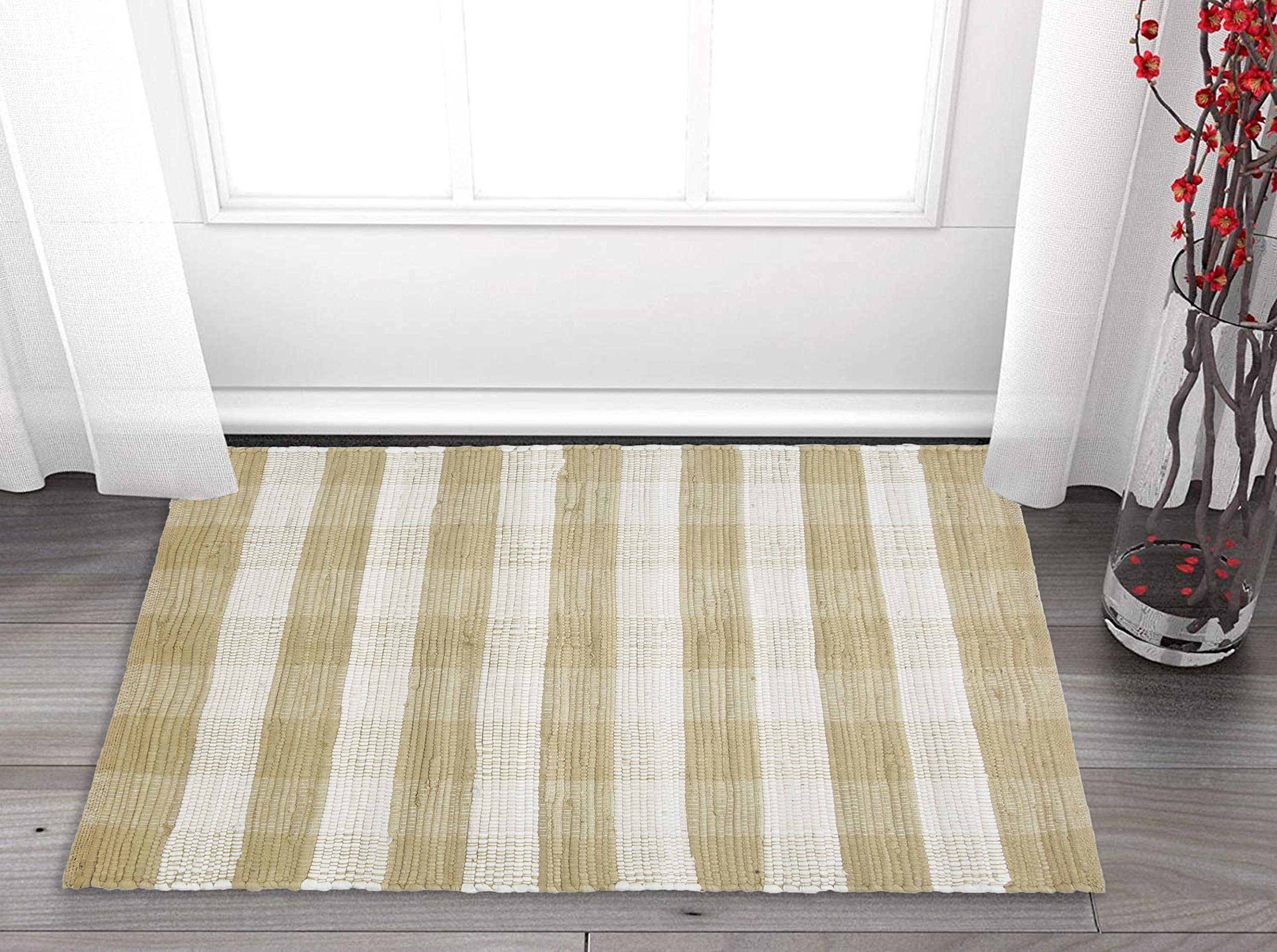 GLAMBURG Cotton Buffalo Check Plaid Rugs Washable, Handwoven Checkered Rug Welcome Door Mat 18x30 Rug for Kitchen Bathroom Outdoor Porch Laundry Living Room, Farmhouse Reversible Rag Rug Beige Natural