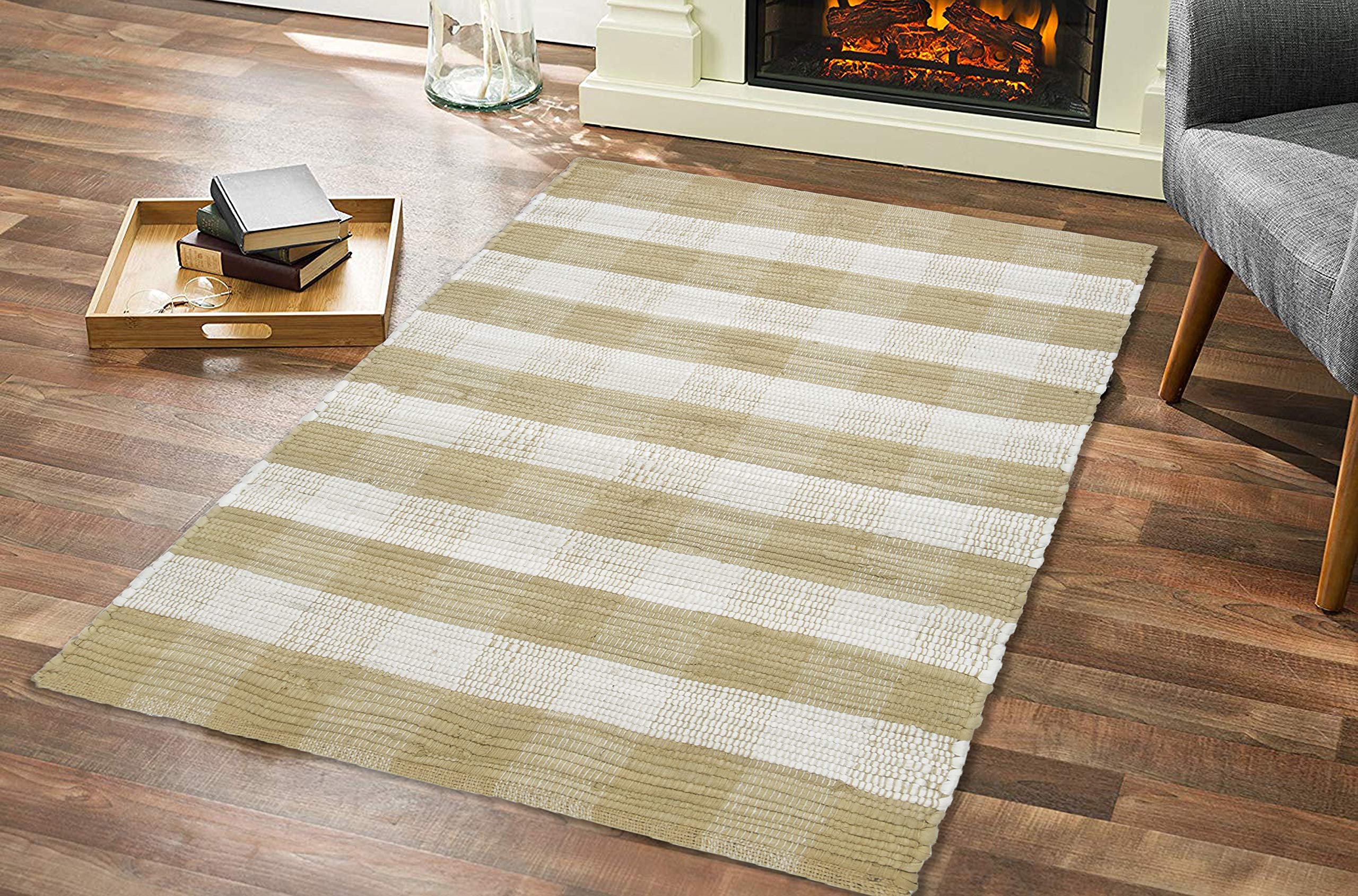 GLAMBURG Cotton Buffalo Check Plaid Rugs Washable, Handwoven Checkered Rug Welcome Door Mat 18x30 Rug for Kitchen Bathroom Outdoor Porch Laundry Living Room, Farmhouse Reversible Rag Rug Beige Natural