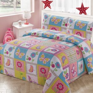 better home style white pink blue & yellow patchwork butterflies floral butterfly kids/girls coverlet bedspread quilt set with pillowcases with butterfly & flower imagery # butterfly (queen/full)