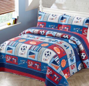 better home style red white and blue varsity sports themed kids/boys/toddler coverlet bedspread quilt set with pillowcases and football soccer and basketball imagery # mvp sport (queen/full)