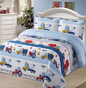 better home style white blue red construction site kids/boys/toddler coverlet bedspread quilt set with pillowcases and tractor dump truck cement mixer and excavator # con site (queen/full)