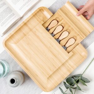 Slice of Goodness Bamboo Cheese Board Set - Large Wooden Charcuterie Boards Accessories Set with Narrow and Flat Knives, Cheese Fork, and Small Spade Inside Hidden Drawer