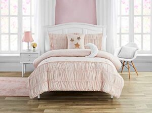 mytex celestial princess pretty 5-piece comforter set with gold metallic foil, smocked texture, girls, teen bedding, stars and moons, two twinkling decorative pillows, shabby chic, blush pink, full