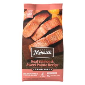 merrick premium grain free dry adult dog food, wholesome and natural kibble with real salmon and sweet potato - 4.0 lb. bag