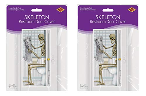 Beistle Skeleton Restroom Door Covers, 5’ x 30”, 2 Pieces – Spooky Halloween Party Decor - Bone Chilling Design – Easily Display – Plastic for Indoor & Outdoor Use - Bathroom Accessories