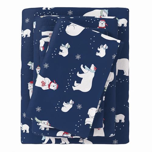 Great Bay Home Flannel Sheet Set Queen Size - 100% Turkish Cotton, Double-Brushed, Winter Bed Sheets - Ultra-Soft, Cozy, 4-Piece Rustic Bedding Set (Navy Polar Bears)