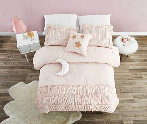 Mytex Celestial Princess Pretty 5-Piece Comforter set with gold metallic foil, Smocked texture, Girls, Teen bedding, Stars and Moons, Two Twinkling Decorative Pillows, Shabby Chic, Blush Pink, Full