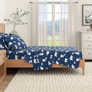 Great Bay Home Flannel Sheet Set Queen Size - 100% Turkish Cotton, Double-Brushed, Winter Bed Sheets - Ultra-Soft, Cozy, 4-Piece Rustic Bedding Set (Navy Polar Bears)