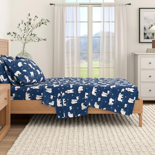 Great Bay Home Flannel Sheet Set Queen Size - 100% Turkish Cotton, Double-Brushed, Winter Bed Sheets - Ultra-Soft, Cozy, 4-Piece Rustic Bedding Set (Navy Polar Bears)