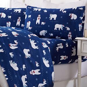 Great Bay Home Flannel Sheet Set Queen Size - 100% Turkish Cotton, Double-Brushed, Winter Bed Sheets - Ultra-Soft, Cozy, 4-Piece Rustic Bedding Set (Navy Polar Bears)