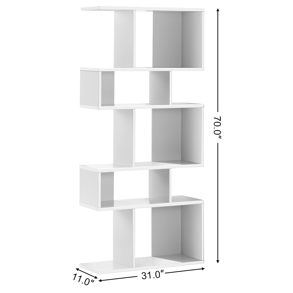 Giantex 5-Tier Geometric Bookshelf White, 70'' Tall Wood Freestanding Decorative Display Open Shelves with Anti-Tipping Device, Each Shelf Holds up to 44 lbs, Wooden S Shaped Bookcase