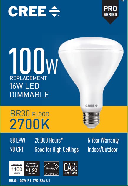 Cree Lighting BR30-100W-P1-27K-E26-U1 Pro Series BR30 Indoor Flood 100W Equivalent LED Bulb (Dimmable) 1400, 1 Count (Pack of 1), Soft White