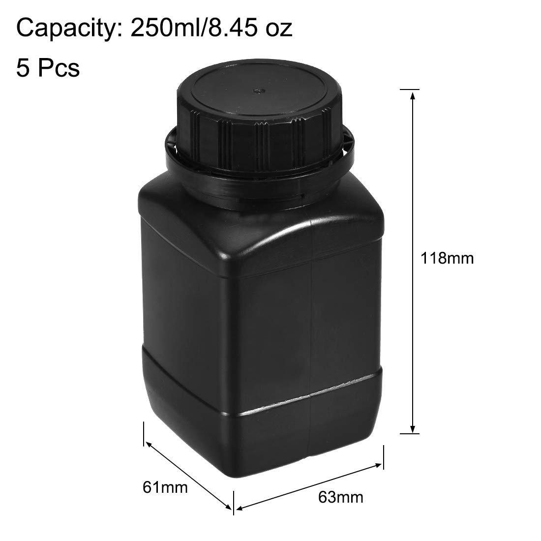 uxcell Plastic Lab Chemical Reagent Bottle, 250ml/8.45 oz Wide Mouth Sample Sealing Liquid/Solid Storage Bottles, Black 5pcs