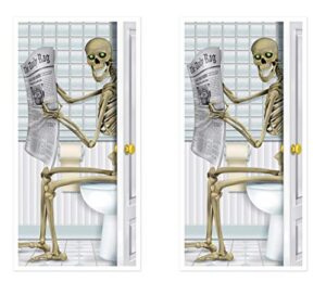 beistle skeleton restroom door covers, 5’ x 30”, 2 pieces – spooky halloween party decor - bone chilling design – easily display – plastic for indoor & outdoor use - bathroom accessories