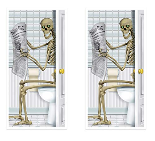 Beistle Skeleton Restroom Door Covers, 5’ x 30”, 2 Pieces – Spooky Halloween Party Decor - Bone Chilling Design – Easily Display – Plastic for Indoor & Outdoor Use - Bathroom Accessories