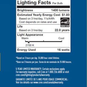 Cree Lighting BR30-100W-P1-27K-E26-U1 Pro Series BR30 Indoor Flood 100W Equivalent LED Bulb (Dimmable) 1400, 1 Count (Pack of 1), Soft White