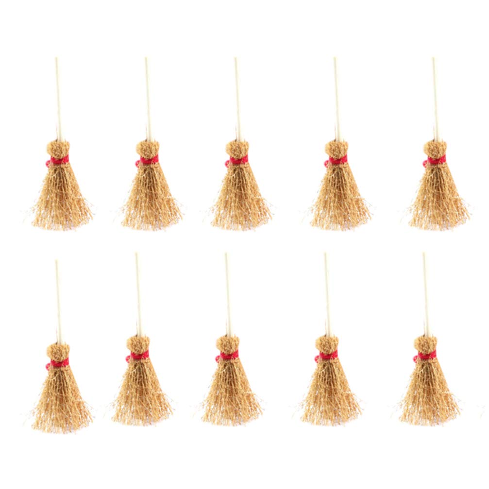 HEALLILY Mini Broom Straw Craft Decoration Artificial Brooms with Red Rope Witches Accessory for Halloween Party 10Pcs 1.5cmx6cm