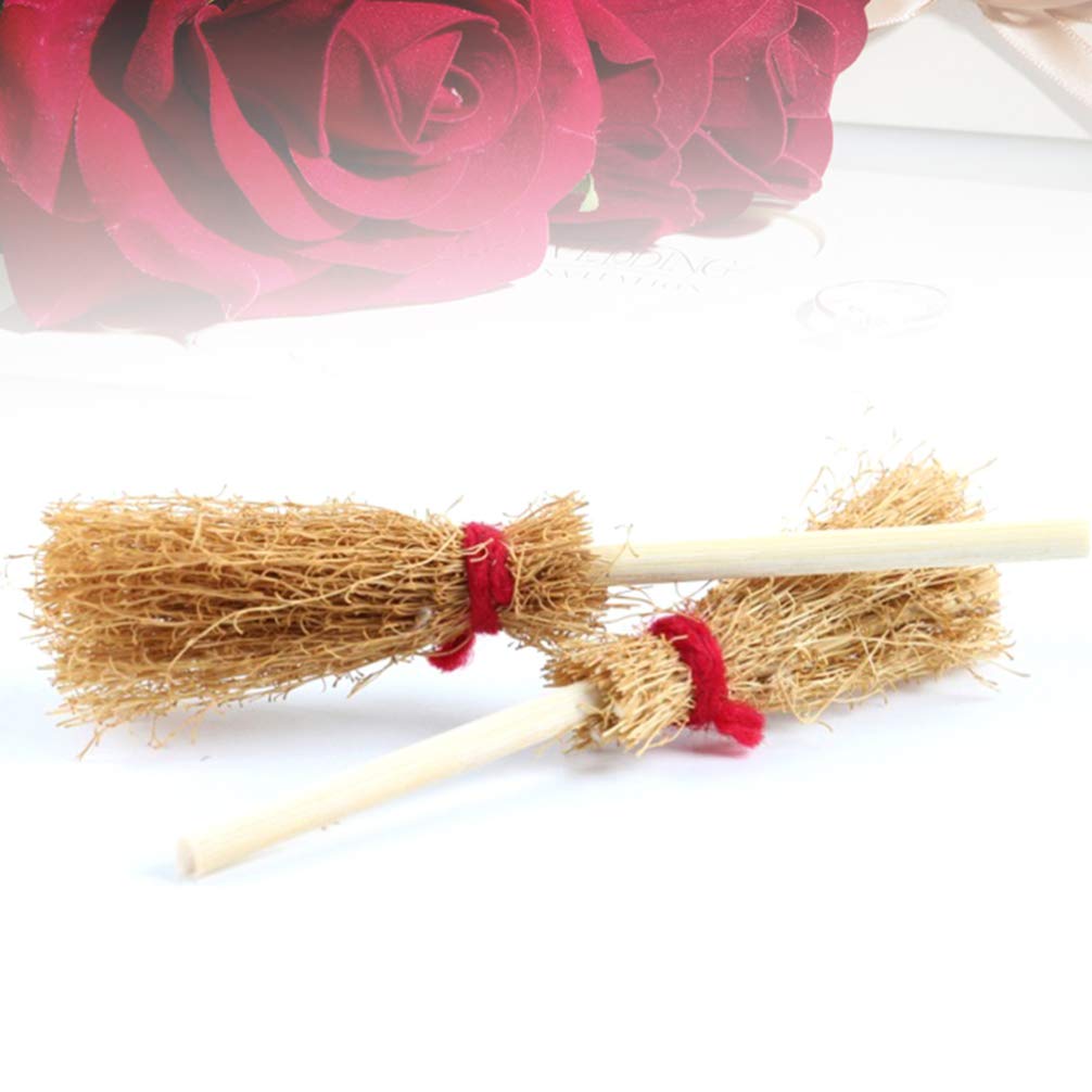 HEALLILY Mini Broom Straw Craft Decoration Artificial Brooms with Red Rope Witches Accessory for Halloween Party 10Pcs 1.5cmx6cm