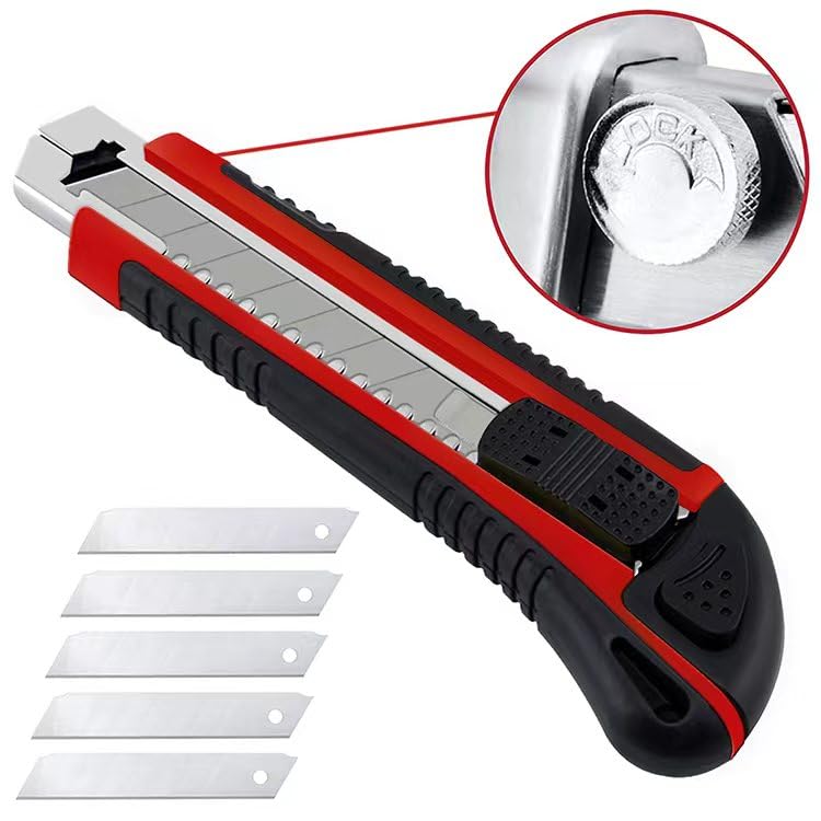 Utility Knife - Retractable Box Cutter Utility Knife for Cartons,Cardboard and Boxes, 5pcs Sharp Rust Proof Razor Snap Off Blades Set,Smooth Mechanism, Perfect for Office and Home Use