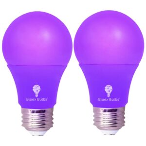 bluex bulbs 2 pack led a19 purple light bulb - 9w (60watt equivalent) - e26 base led purple bulb, party decoration, porch, home lighting, holiday lighting, decorative illumination (purple)