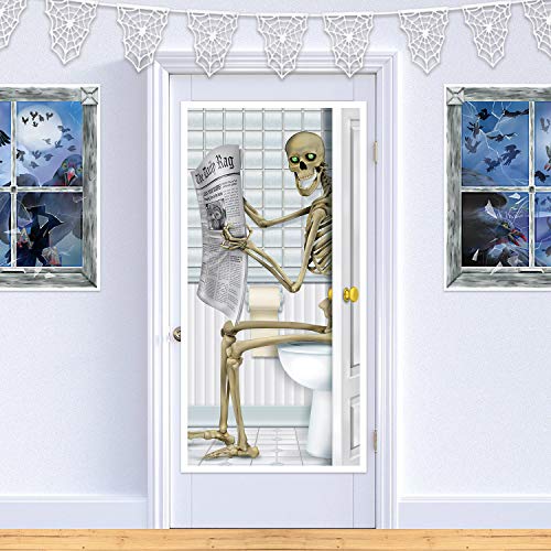 Beistle Skeleton Restroom Door Covers, 5’ x 30”, 2 Pieces – Spooky Halloween Party Decor - Bone Chilling Design – Easily Display – Plastic for Indoor & Outdoor Use - Bathroom Accessories