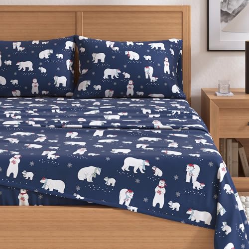 Great Bay Home Flannel Sheet Set Queen Size - 100% Turkish Cotton, Double-Brushed, Winter Bed Sheets - Ultra-Soft, Cozy, 4-Piece Rustic Bedding Set (Navy Polar Bears)