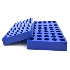 tisch scientific vial racks for 4ml vials | 5 pack | blue polypropylene | 9.25" x 4.5" x 1.125" | 50 holes | hole diameter: 15mm | hole depth: 22mm | autoclavable | cv2056