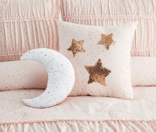 Mytex Celestial Princess Pretty 5-Piece Comforter set with gold metallic foil, Smocked texture, Girls, Teen bedding, Stars and Moons, Two Twinkling Decorative Pillows, Shabby Chic, Blush Pink, Full