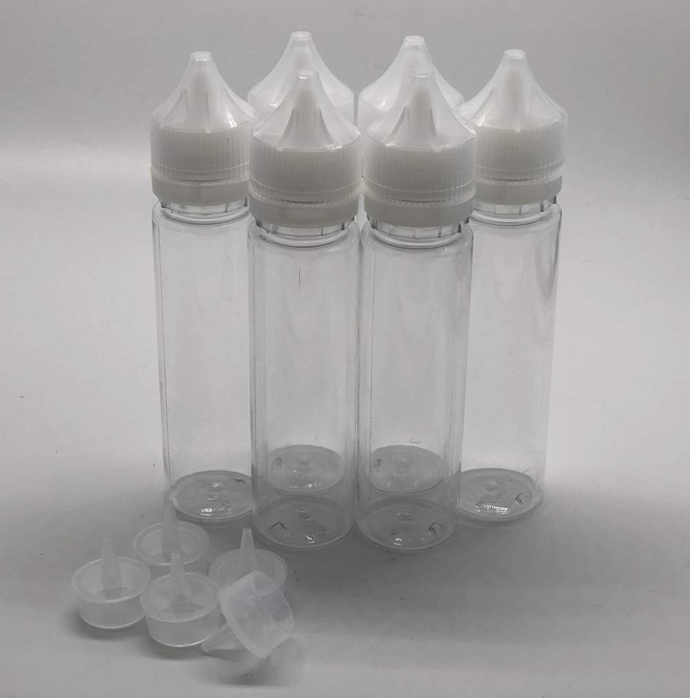 Sunday 7 Squeezable 60ml Empty Drop Bottle Food Grade PET Transparent Plastic Bottle With Childproof Tampering White Cap. Gift Sticker Labels (6 PCS)