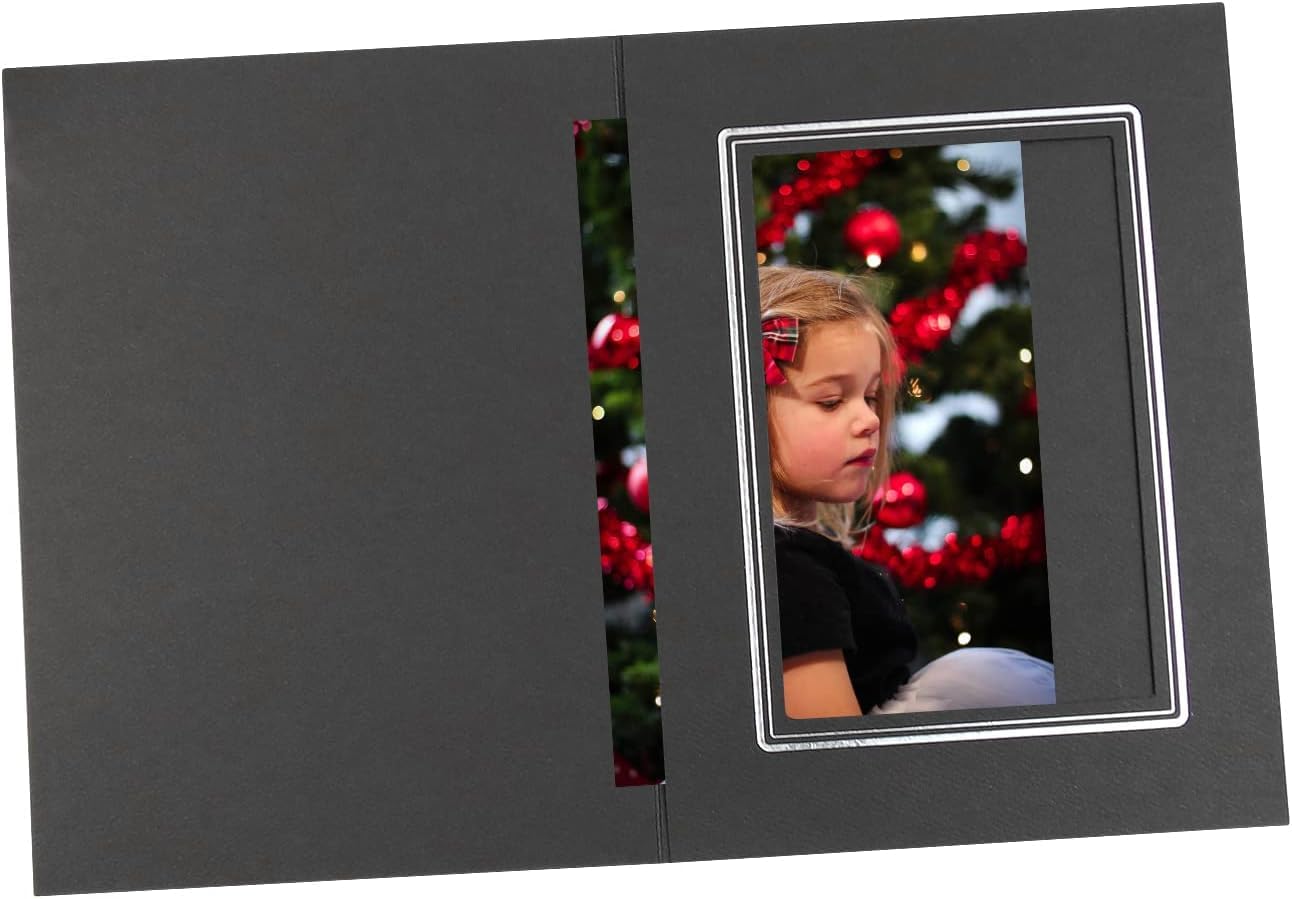 Golden State Art, Pack of 25, 4x6 Photo Folders, Cardboard Picture Frame, Paper Photo Frame Cards, Greetings/Invitation Cards, Special Events: Graduation, Christmas, Wedding(Black with Silver Lining)