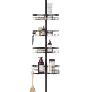 zenna home tension pole shower caddy with 4 l-shaped shelves with hooks, bronze, 60-97 inch – rust-resistant corner shower organizer shelf – adjustable shower rack for bath essentials