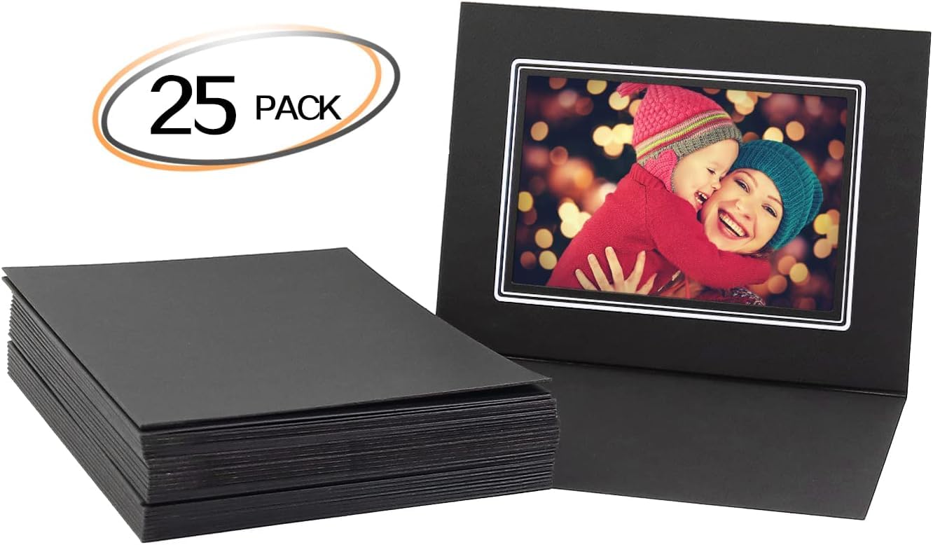 Golden State Art, Pack of 25, 4x6 Photo Folders, Cardboard Picture Frame, Paper Photo Frame Cards, Greetings/Invitation Cards, Special Events: Graduation, Christmas, Wedding(Black with Silver Lining)