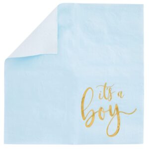 50 Pack Its a Boy Baby Shower Cocktail Napkins Party Supplies, Blue with Gold Foil Table Decorations (5 x.5 Inches)