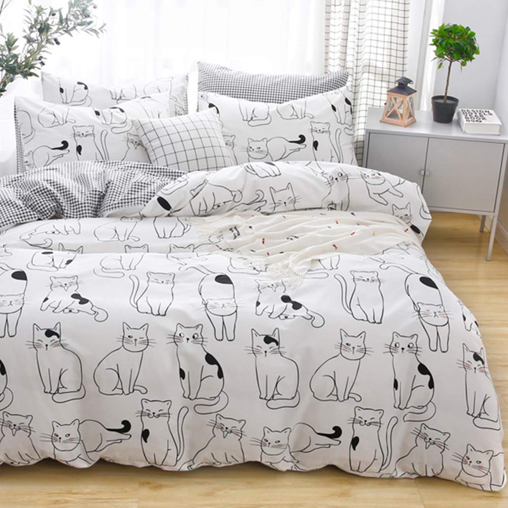 LAYENJOY Cats Duvet Cover Set Twin, 100% Cotton Bedding, Various Cartoon Cats Pattern Printed on White Reversible Black Plaid, Cute Animal Comforter Cover for Kids Teens Boys Girls, No Comforter