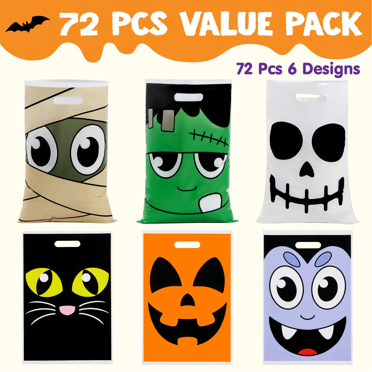 JOYIN 72 Pcs Halloween Goodie Bags for Trick-or-Treating, Halloween Snacks, Halloween Party Favors, Event Party Favor Supplies, Halloween Trick or Treat Bags, Classroom Goody Bags