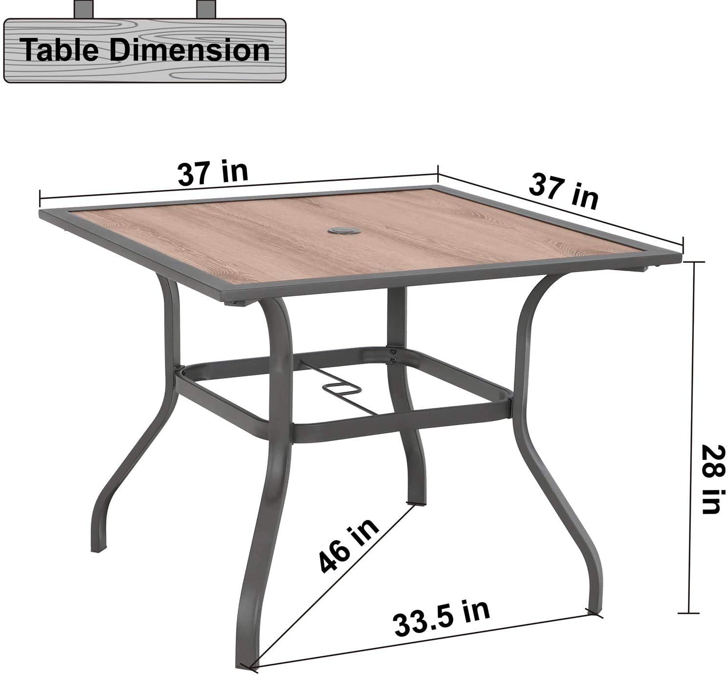 MFSTUDIO 37" Square Backyard Bistro Table Patio Dining Table Outdoor Furniture Garden Table, Imitation of Wooden Surface Top, 1.57” Umbrella Hole, Gray Frame