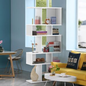 Giantex 5-Tier Geometric Bookshelf White, 70'' Tall Wood Freestanding Decorative Display Open Shelves with Anti-Tipping Device, Each Shelf Holds up to 44 lbs, Wooden S Shaped Bookcase