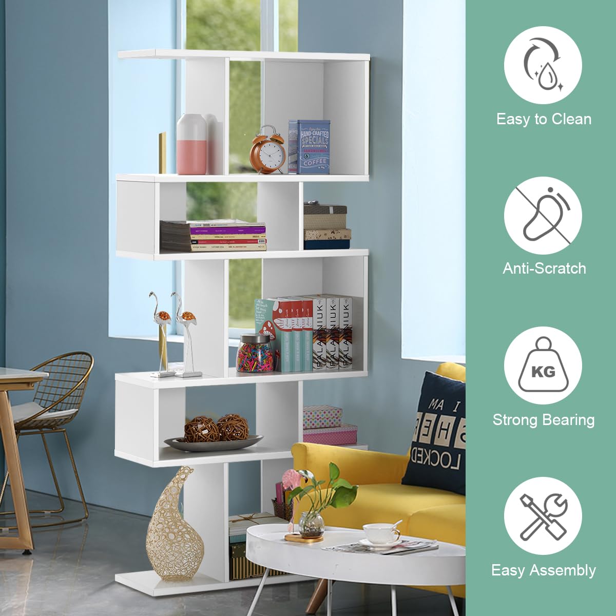 Giantex 5-Tier Geometric Bookshelf White, 70'' Tall Wood Freestanding Decorative Display Open Shelves with Anti-Tipping Device, Each Shelf Holds up to 44 lbs, Wooden S Shaped Bookcase