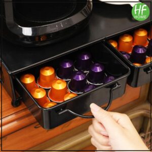 Coffee Vertuo Pod Holder, Capsules Stand Storage Drawer for K Cup Holders, Pod Holders Station for Counter Organizer for K-Cup Pods, Nespresso OriginalLine, Teabags Home Kitchen Bar -Black Metal