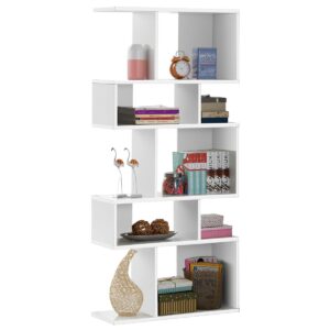 giantex 5-tier geometric bookshelf white, 70'' tall wood freestanding decorative display open shelves with anti-tipping device, each shelf holds up to 44 lbs, wooden s shaped bookcase