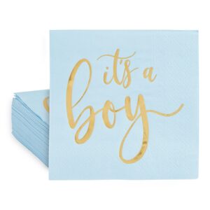 50 pack its a boy baby shower cocktail napkins party supplies, blue with gold foil table decorations (5 x.5 inches)