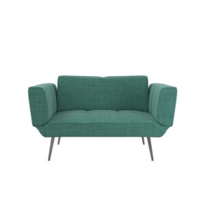 Novogratz Leyla Loveseat with Magazine Storage, Adjustable Sofa Bed Armrests to Convert into a Couch Sleeper, Teal Futon