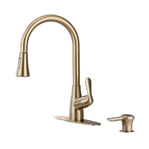 derengge brushed gold kitchen faucet single handle pull-down kitchen sink faucet with soap dispenser and deck plate, faucet for farmhouse, camper, laundry, rv, bar,kf-058ds-cs