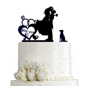 wedding couple kiss, mr&mrs heart diamond ring cake topper, bride and groom with dog silhouette cake topper (black)