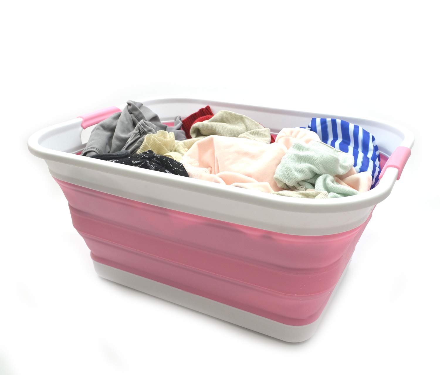 SAMMART 42L(11 gallon) Collapsible Plastic Laundry Basket-Foldable Pop Up Storage Container/Organizer-Portable Washing Tub-Space Saving Basket,Water capacity 34L(9 gallon) (1, Pink)