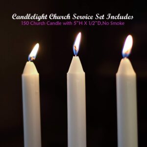 Howemon 150 Church Candles with Drip Protectors for Devotional Candlelight Vigil Service, Box of 150 Candles, Unscented White 5" H X 1/2" D, No Smoke